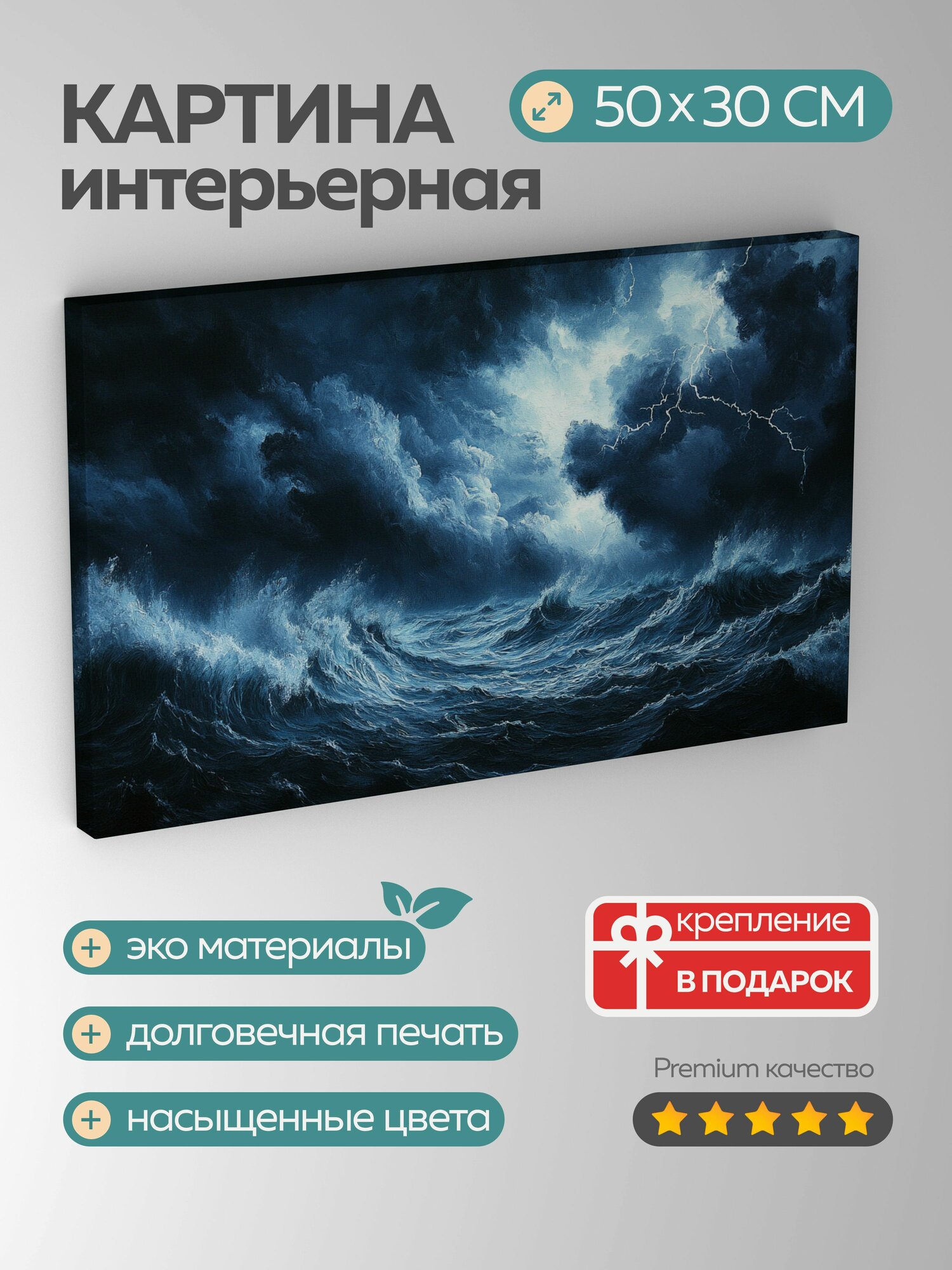 Картина на холсте интерьерная 50х30 см, гроза, океан, волны, облака, молнии, акрил, энергия, природа, мощь