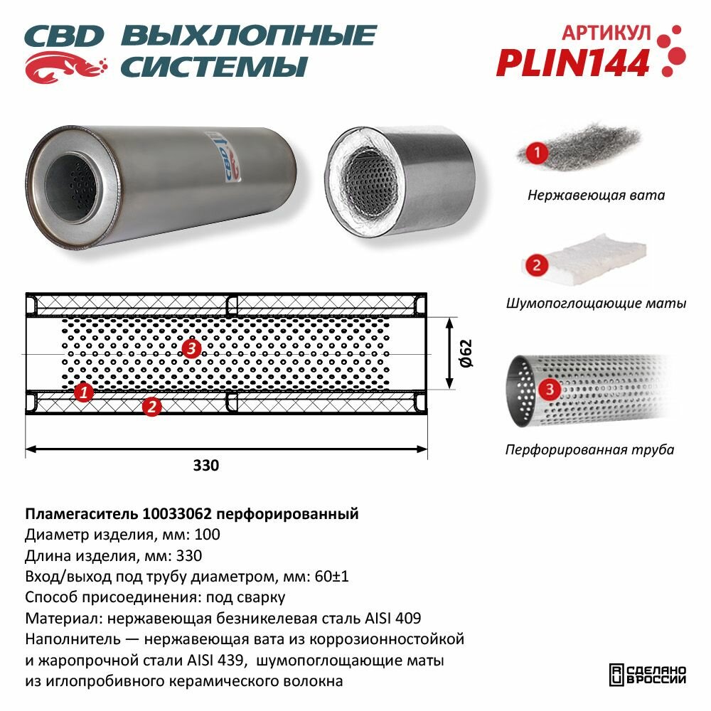 Пламегаситель 10033062 перфорированный внутр. узел, из Нерж. стали. CBD. PLIN144