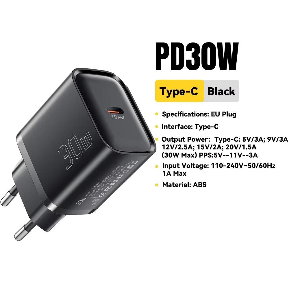 Зарядное устройство Essager PD30W Type-C Black EU Plug