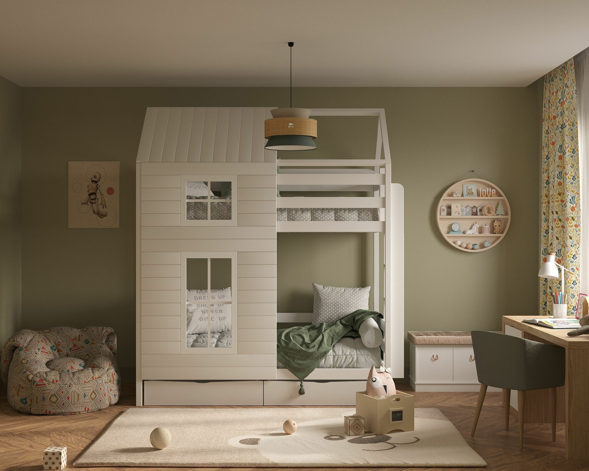 Двухъярусная кровать домик 200*90 с двумя окнами/торцевая лесенка/ящики