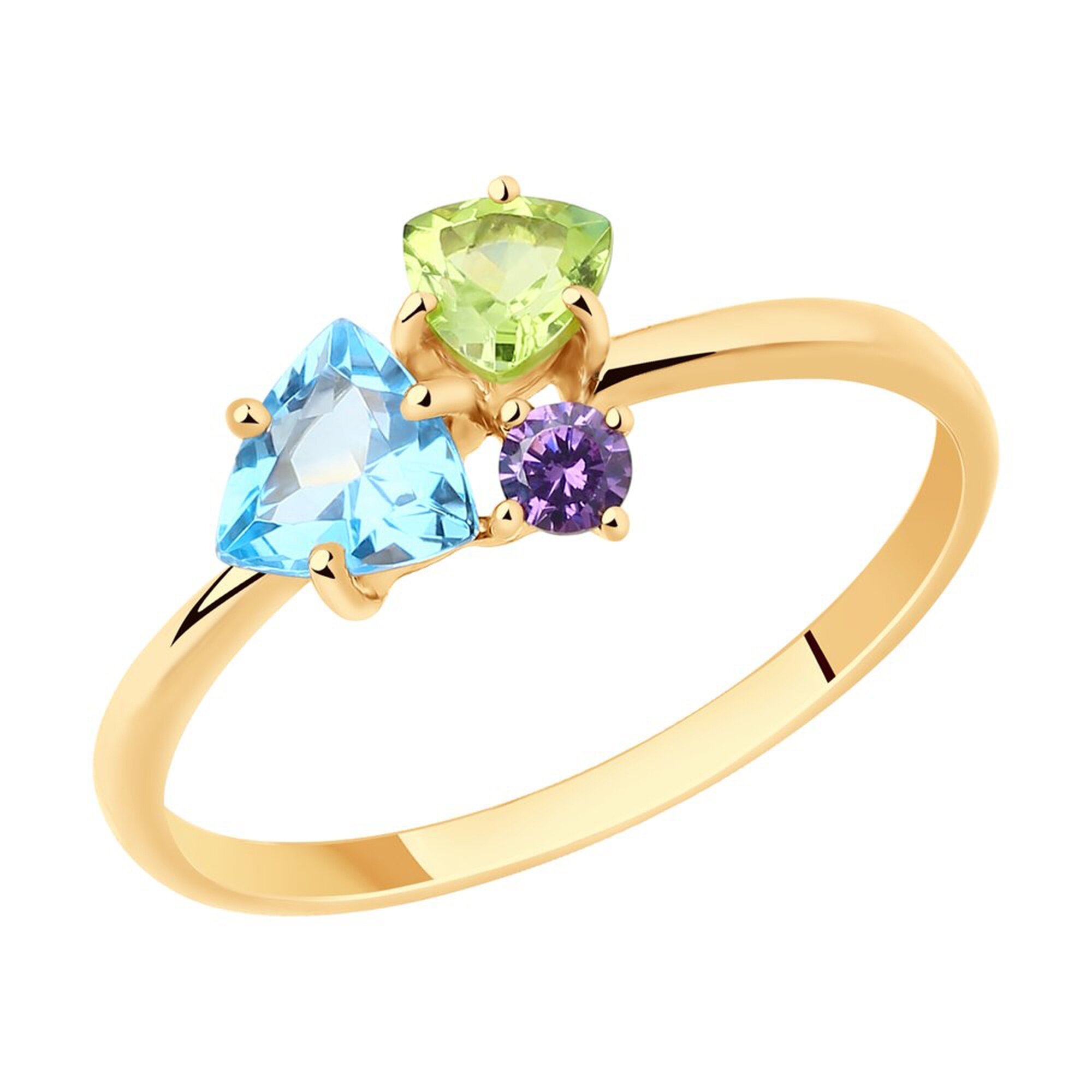 Кольцо, красное золото, 585 проба, фианит, топаз, хризолит