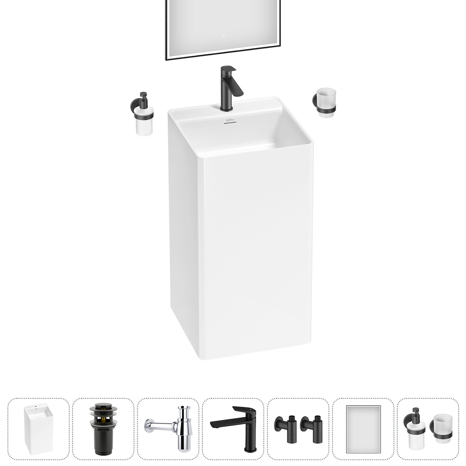 Квадратная напольная раковина для ванной Wellsee Pure BY Wellsee 20220202R в наборе 7 в 1: напольная отдельностоящая раковина моноблок в цвете белый глянец, донный клапан, сифон, смеситель, вентили, зеркало, аксессуары (цвет матовый черный)