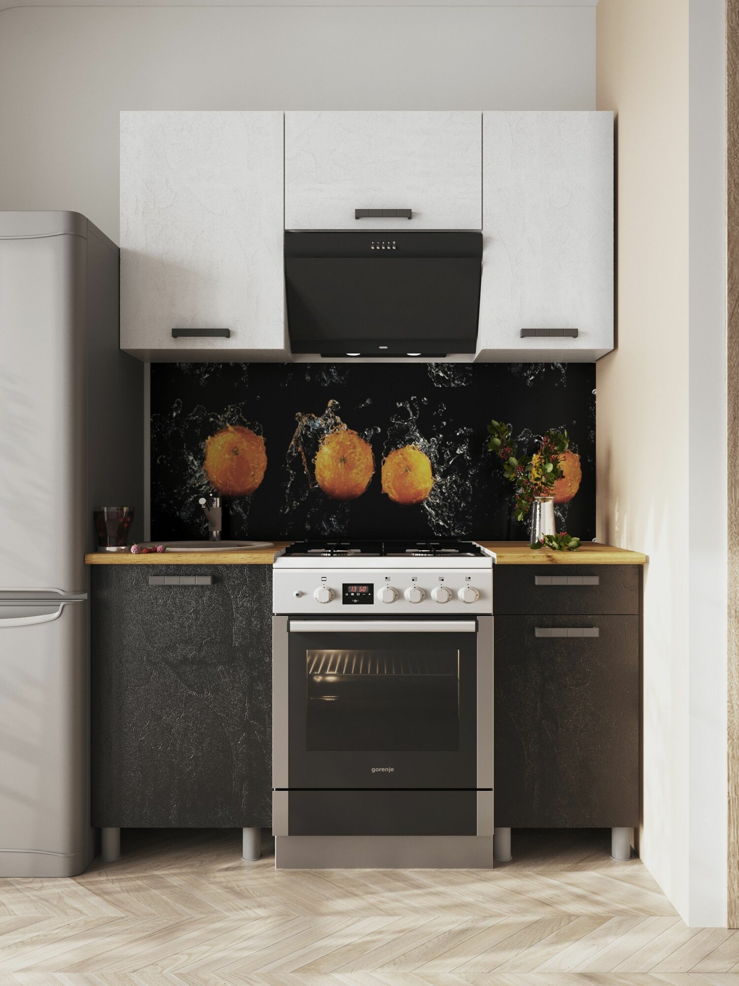 Кухонный гарнитур с окапом Григгс МДФ 1,5м камень светлый/камень темный бьез столешницы