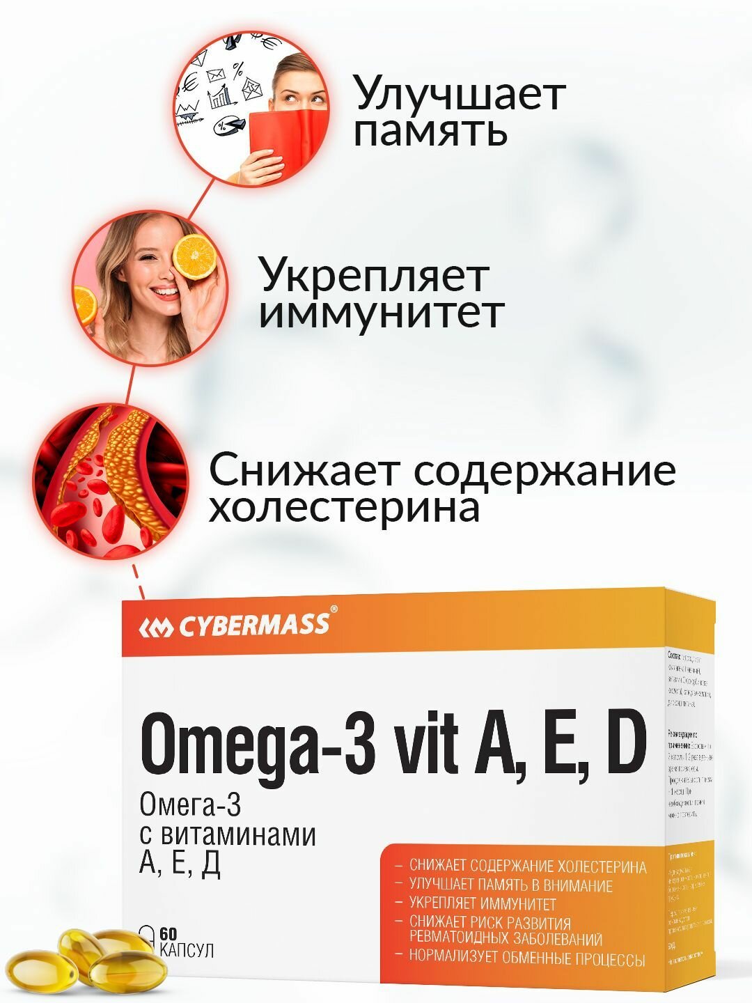 Омега 3 + витамин д3, А и Е, витамины для сердца и сосудов, рыбий жир в капсулах для взрослых Omega 3 Cybermass, 60к