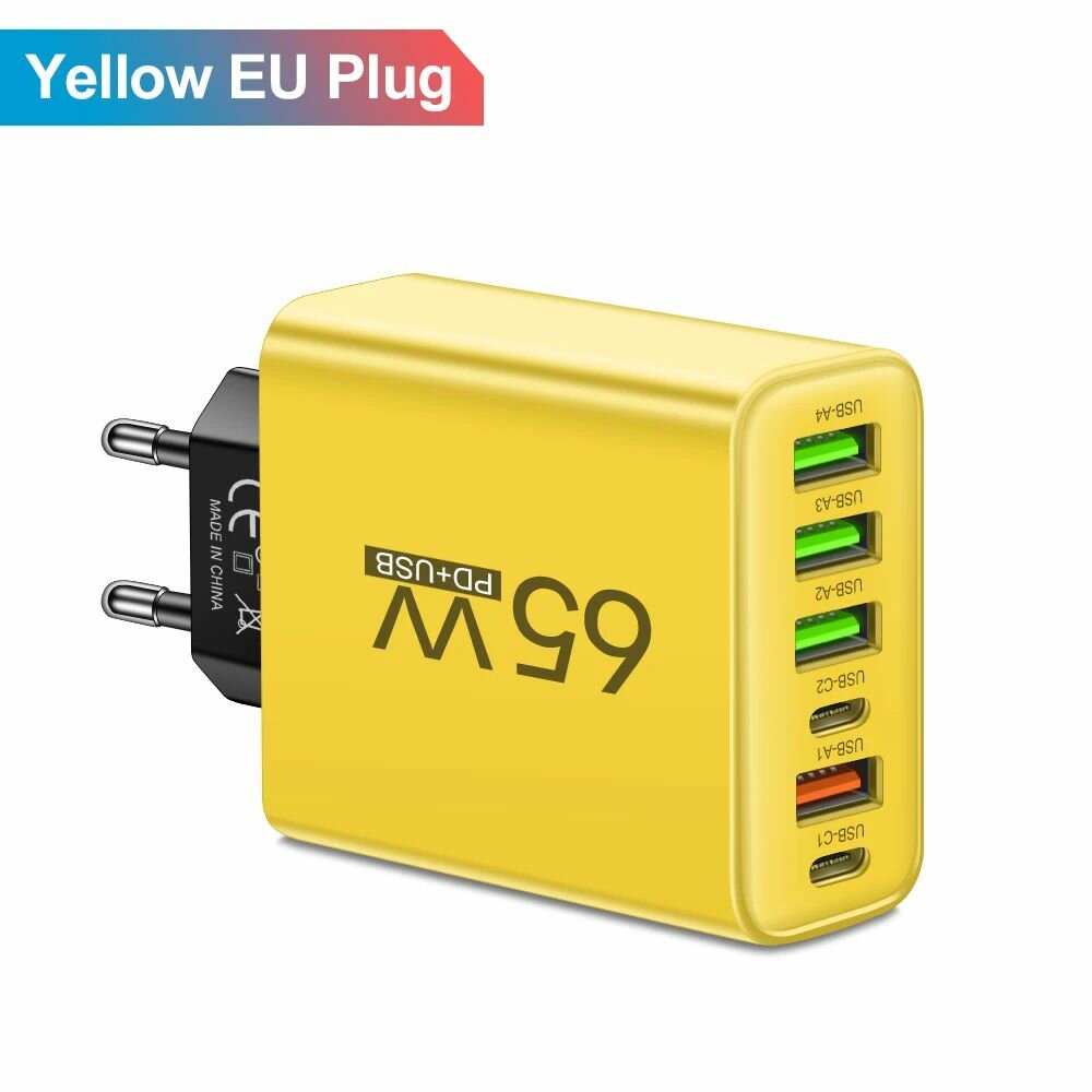 Настенное Зарядное Устройство USB C Мощностью 65 Вт С 6 Портами, Адаптер Для Быстрой Зарядки iPhone 15/14 Pro Max