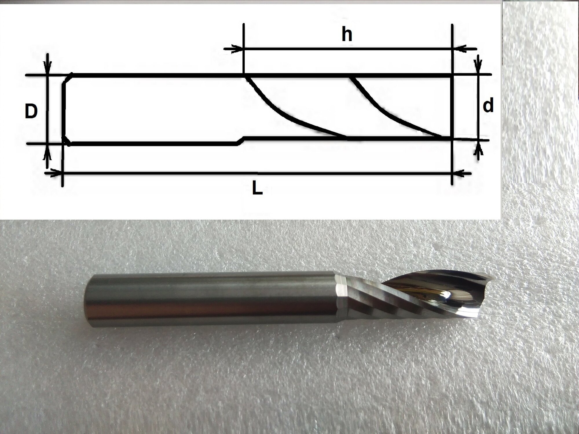 Фреза спиральная однозаходная по акрилу YKL 822, d-8.0/ h-22/ D-8/ L-60. A series для ЧПУ станка