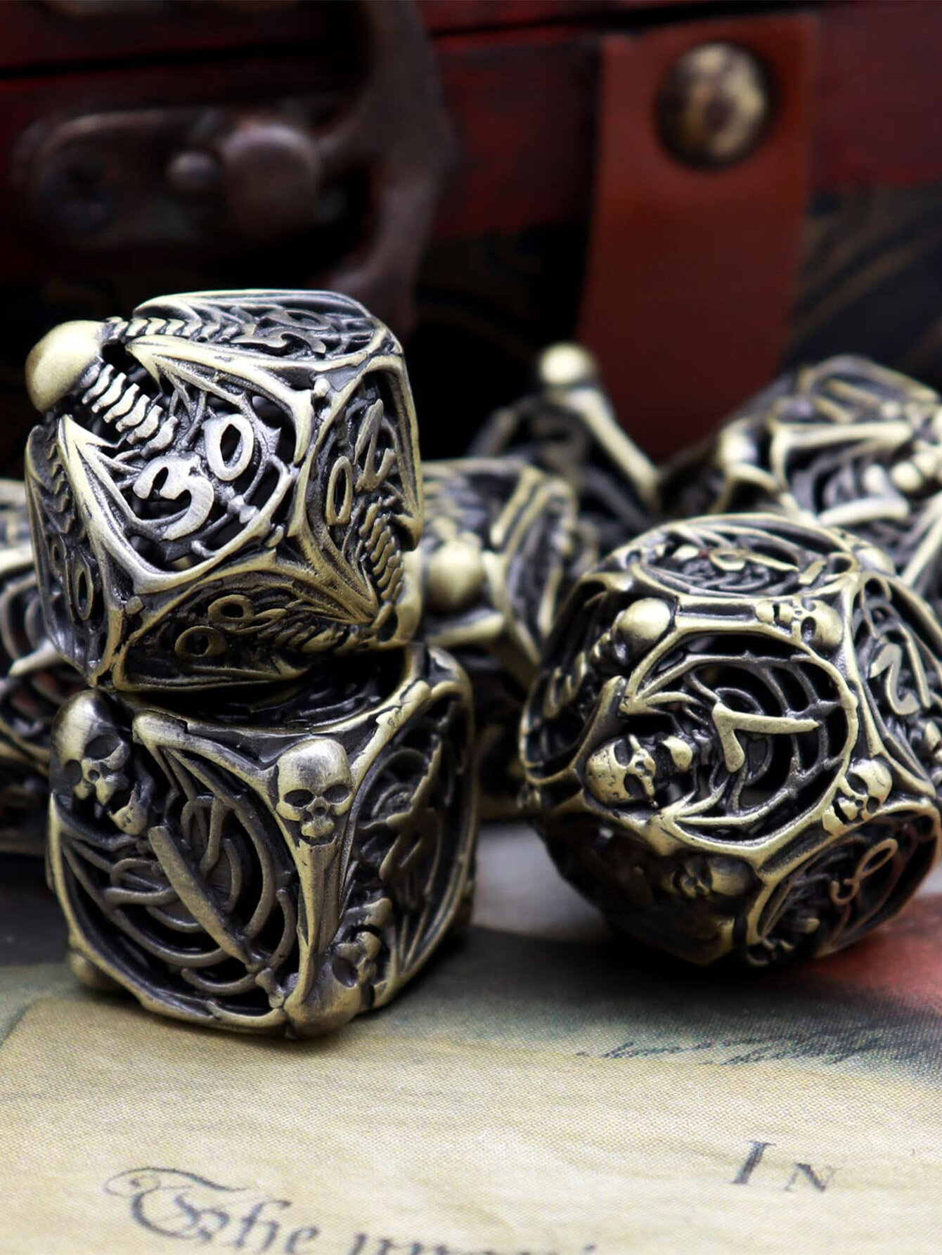 Набор металлических кубиков для ДнД - 7 шт, бронзовые дайсы с черепами, кости для Dungeons & Dragons и настольных ролевых игрQQF