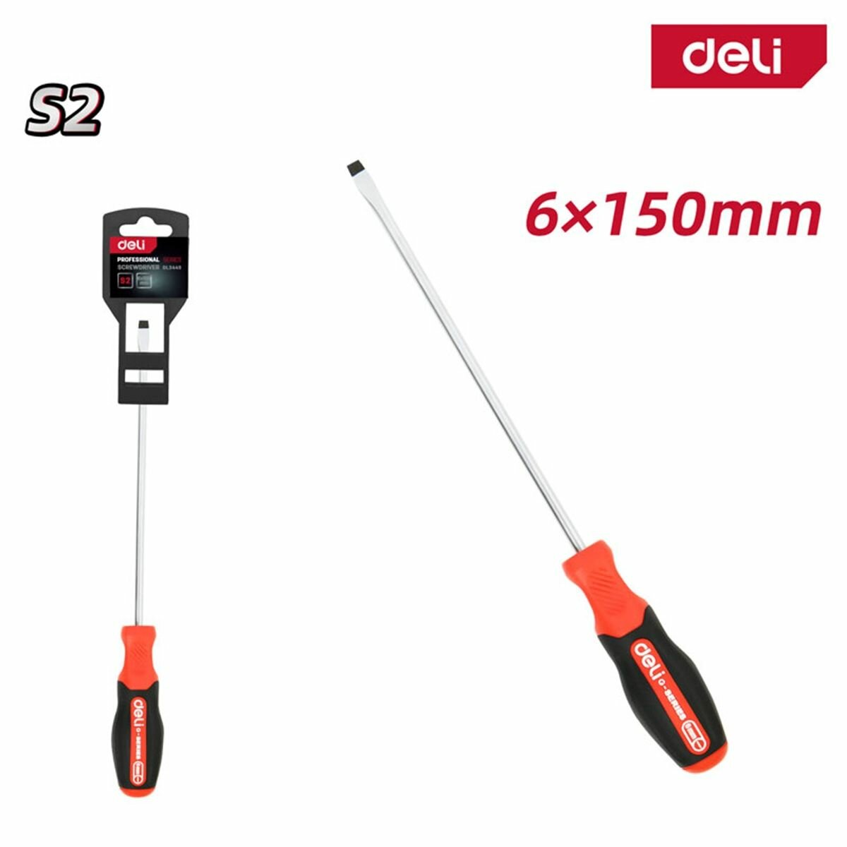 Шлицевая отвертка SL6x150мм Deli DL3449 сталь S2, магнит, прорезиненная рукоятка