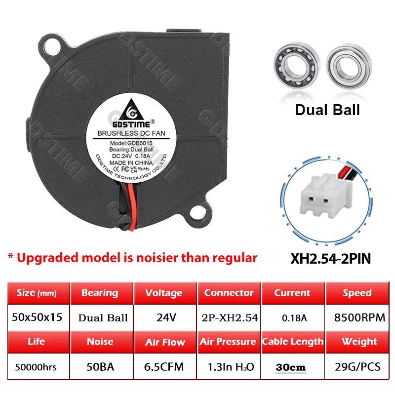 Gdstime 5015 24V Турбовентилятор Dual Ball 8500RPM