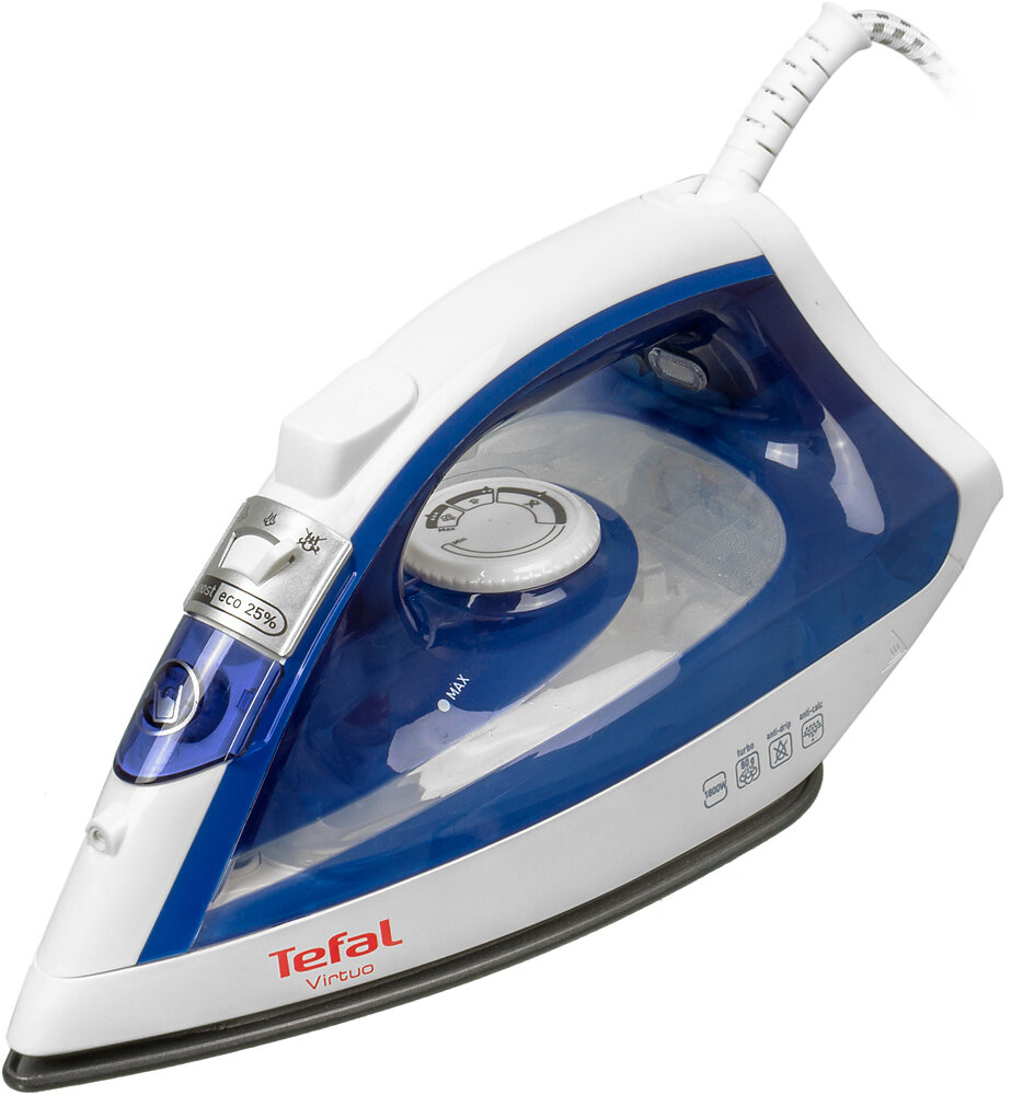 Утюг Tefal FV1711E0 синий/белый, мощность 1800Вт, подошва утюга антипригарная, паровой удар 80г, емкость для воды 200мл, длина шнура 1.9м (1830006582)