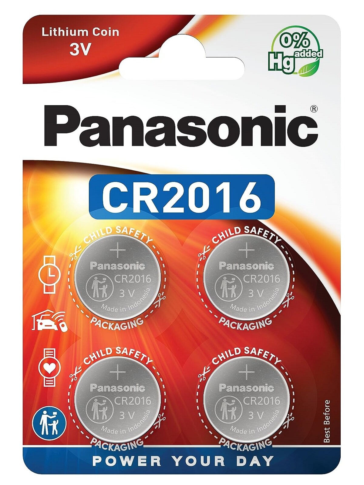 Батарейка Panasonic Lithium CR2016 BL4, CR-2016EL/4B (литиевая, напряжение: 3 В, емкость: 90 мА·ч)