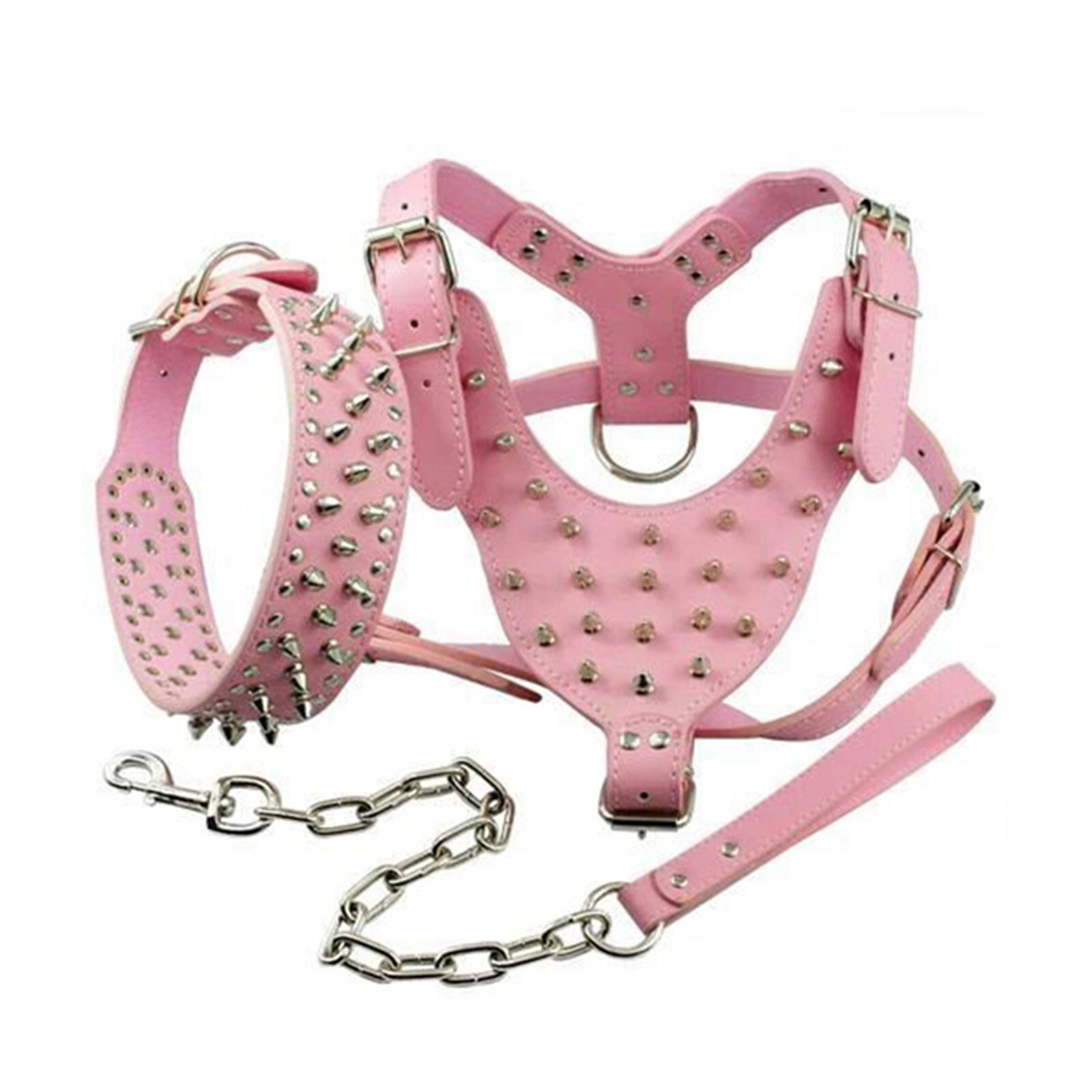 Ошейник и шлейка для собак с шипами и заклепками, защита от укусов, из искусственной кожи, прочный, размер D, круглый, L, розовый.
