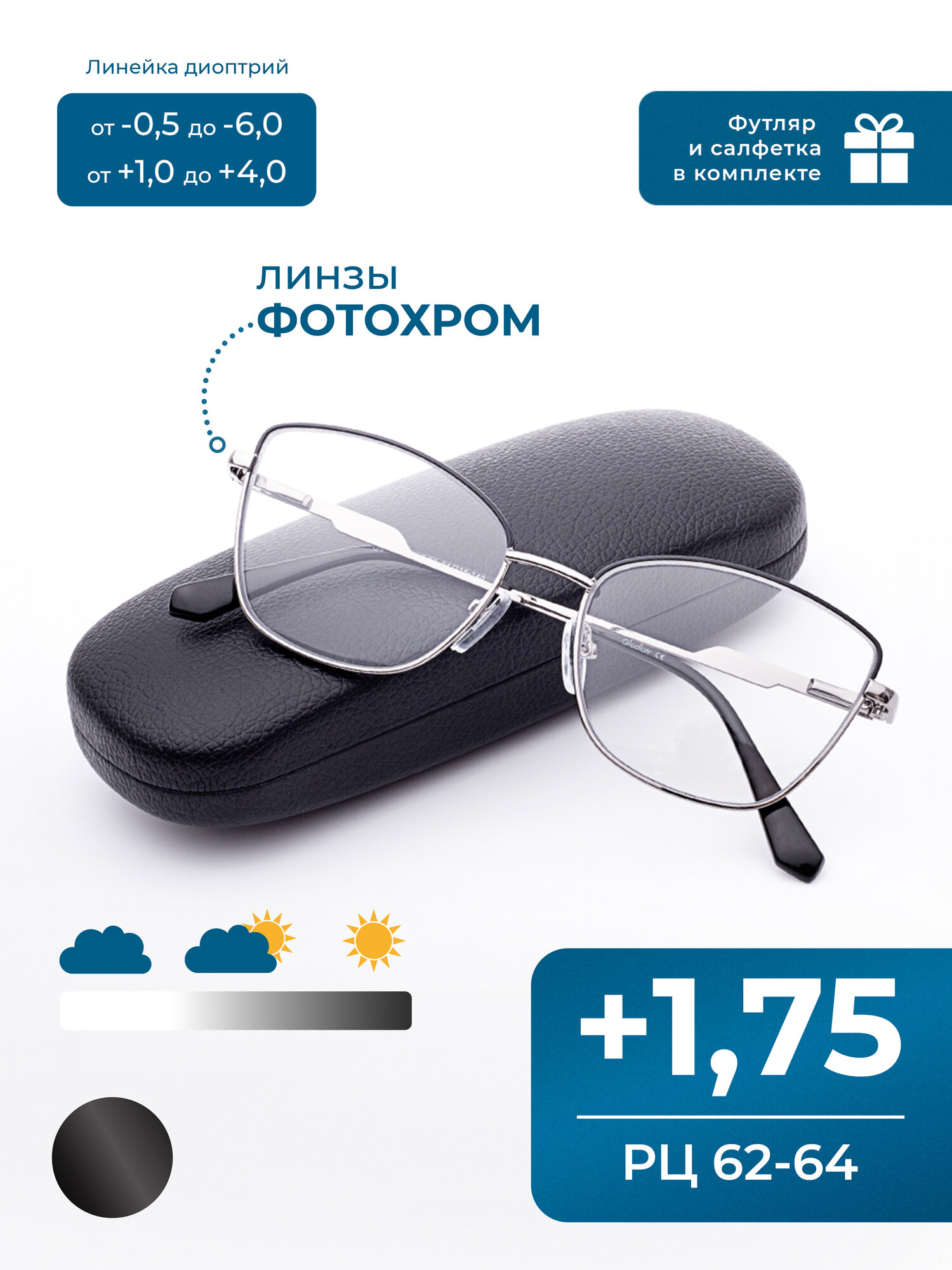 Очки для зрения-чтения фотохром женские (+1.75) GLODIATR 2138 C1, фотохром, UV-400, BLUE BLOCKER, цвет черный, с футляром, стигматические, РЦ 62-64