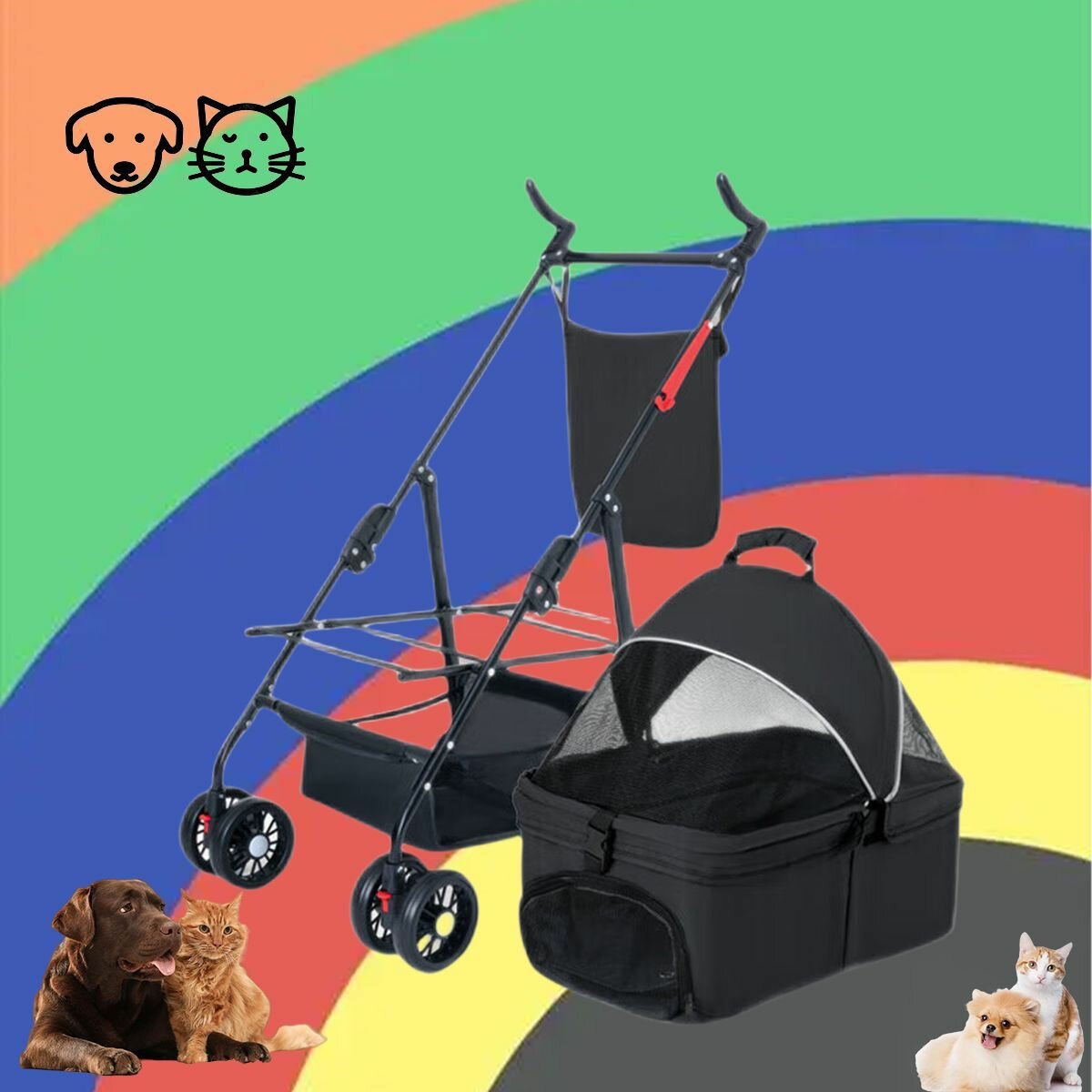 Прогулочная коляска для домашних животных, подходит для маленьких и средних собак и кошек(20 кг), большая вместимость, легкий, складная. Инвалидная коляска (тележка) для собак и кошек, черное