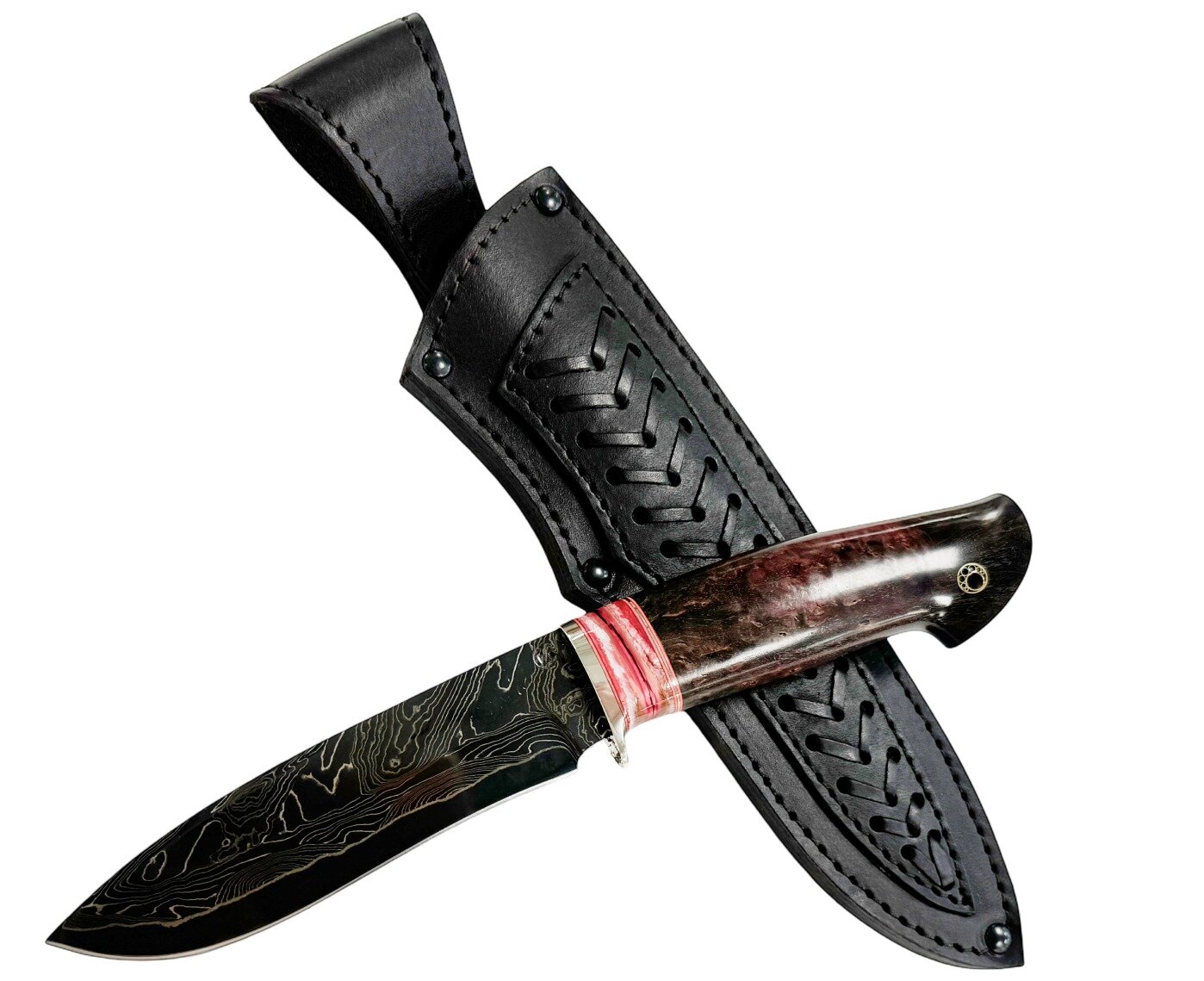 Нож Скиф, ламинированная дамасская сталь, мельхиор, зуб мамонта, стаб. карел. береза