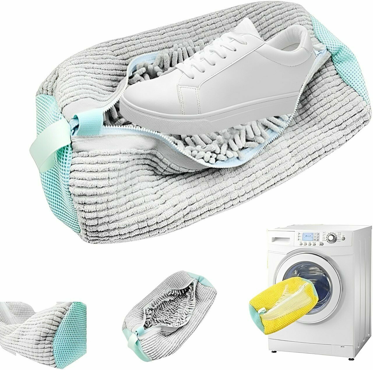 Мешок для стирки обуви и кроссовок в стиральной машине, застежка-молния, синелевая микрофибра, серый