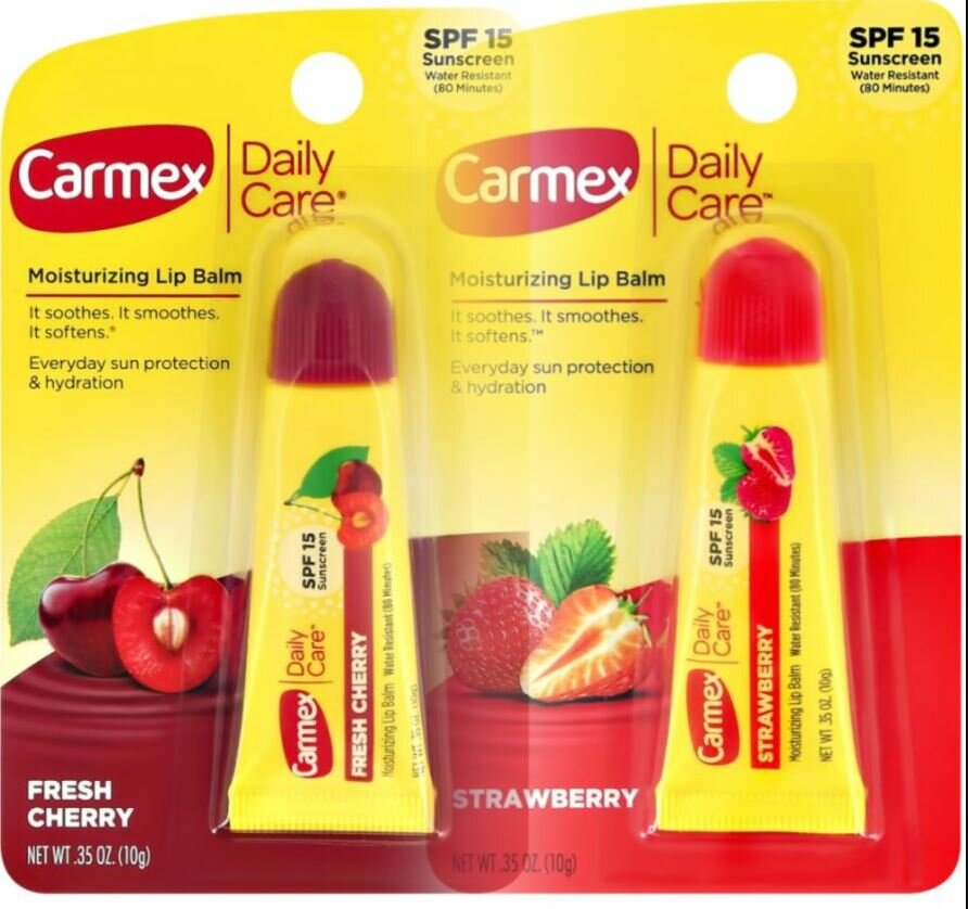 Бальзам для губ Carmex Classic Lip Balm, SPF 15, защита от ветра и солнца, набор 2 шт: клубника +вишня