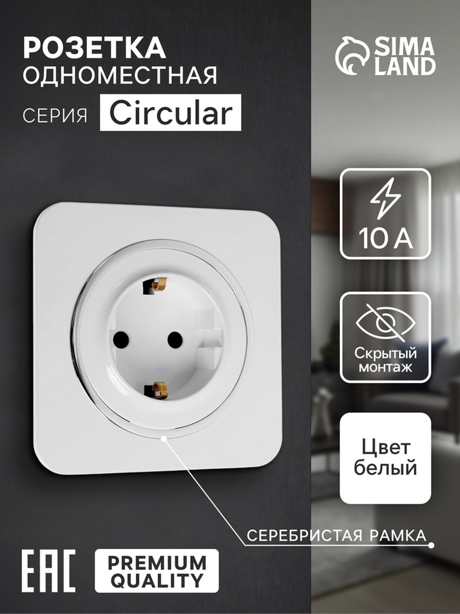 Розетка одноместная, серия Circular, 16 А, скрытый монтаж, с заземлением, серебристая рамка, белая