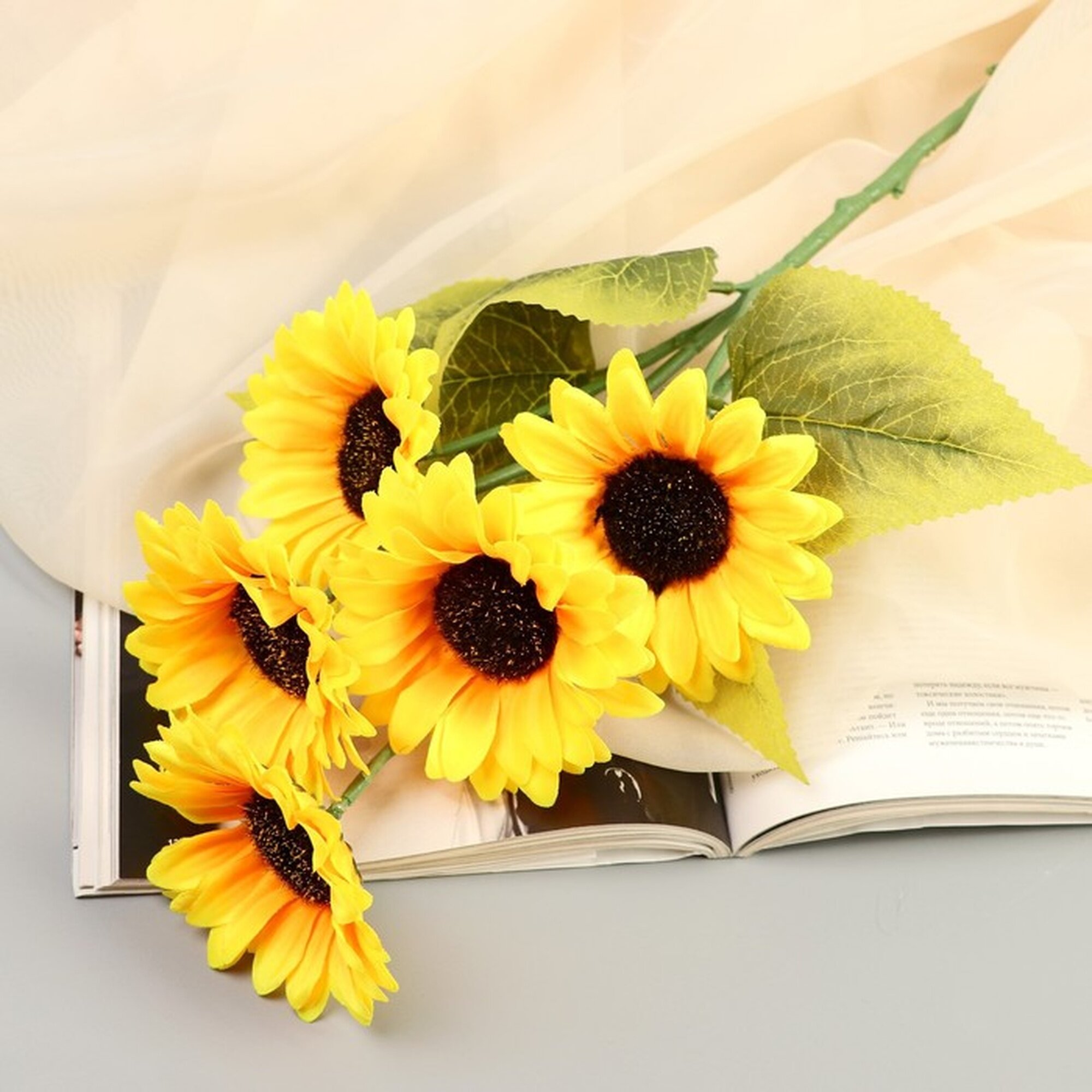 Искусственные цветы "Пять подсолнухов", текстиль, пластик, 9x53 см