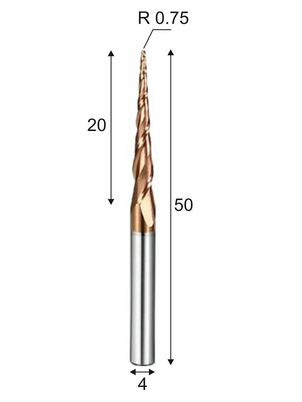 Фреза конусная двухзаходная сферическая для станков с ЧПУ R0.75х20х50х4