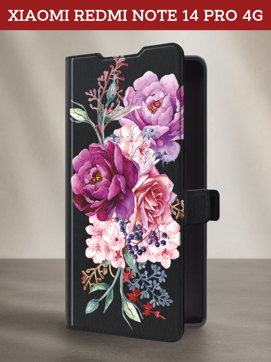 Чехол-книжка на Redmi Note 14 Pro 4G / Редми Нот 14 Про 4G с принтом Пурпурные бутоны, черный