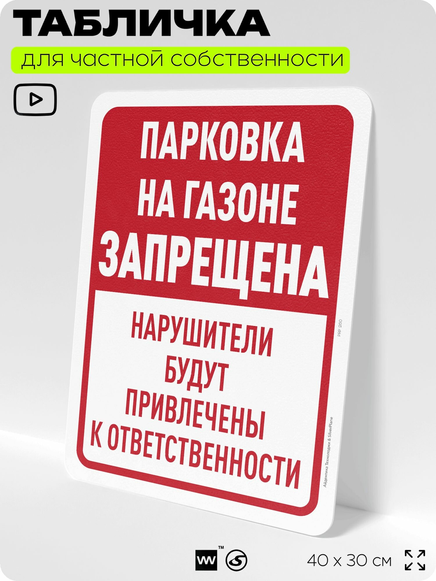 Табличка для частной территории "Парковка на газоне запрещена", на дом, для участка, организаций и частных территорий, предупреждающая, 40х30 см, Silver Plane x Айдентика Технолоджи