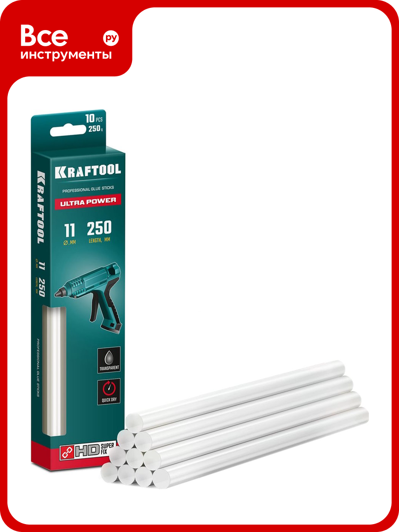 Ультрамощные прозрачные клеевые стержни KRAFTOOL Ultra Power 10 шт, 11x250 мм 06848-10