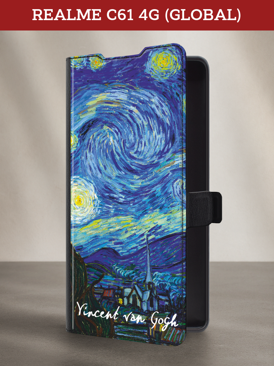 Чехол-книжка на Realme C61 4G (Global) / Реалми С61 4G с принтом De sterrennacht Vincent van Gogh, черный