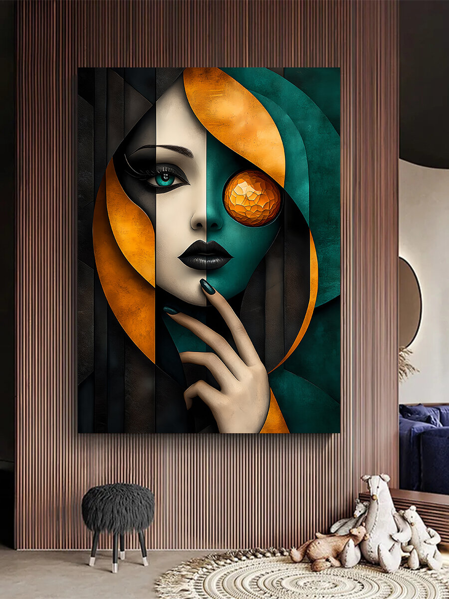 Картина интерьерная на стену - "Абстракция, лицо девушки и шар" , 60х80 см.
