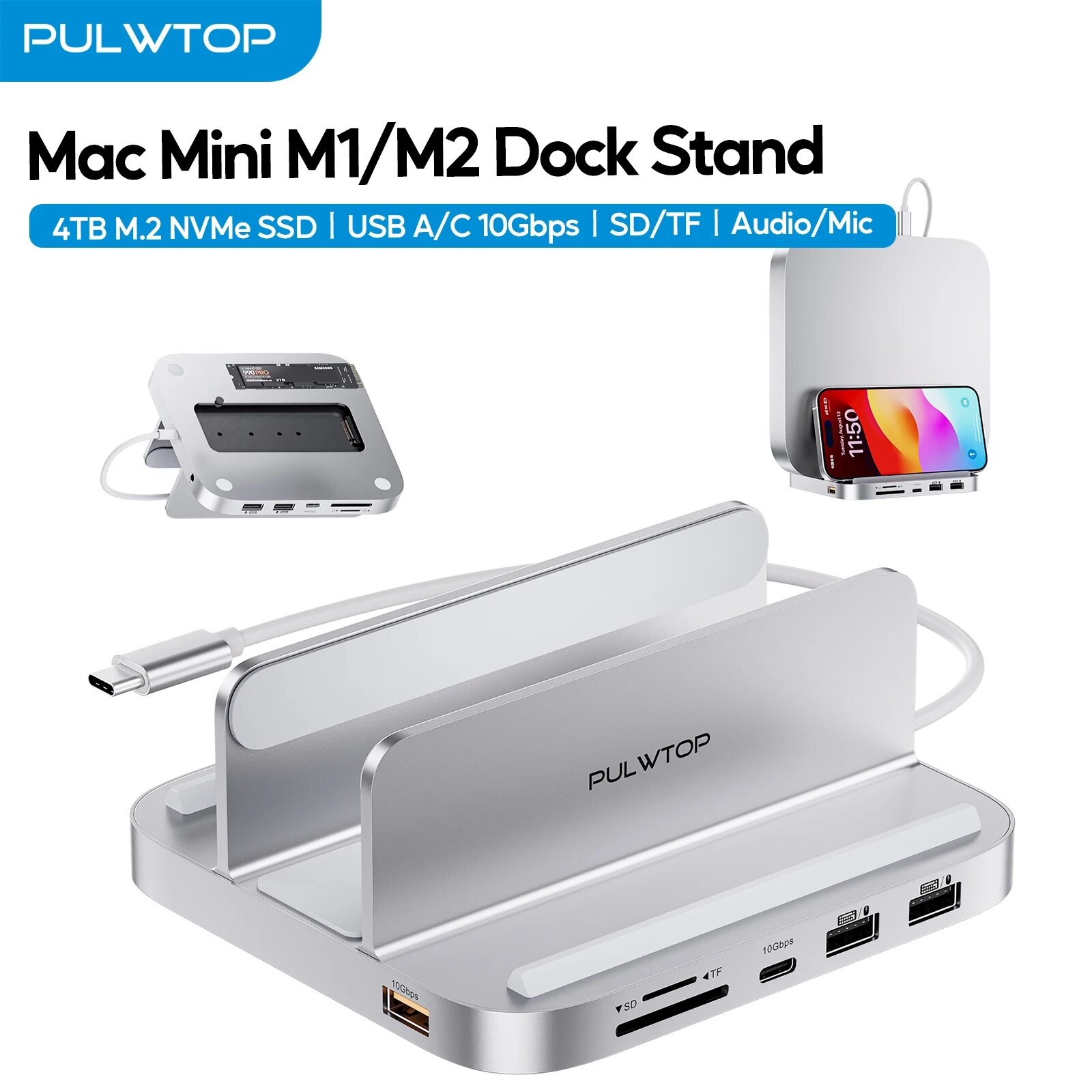 PULWTOP Док-станция для Mac Mini 8 в 1