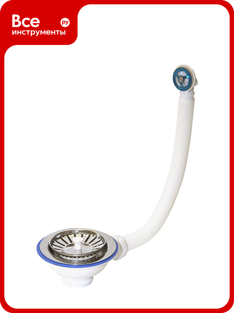 Перелив для мойки Unicorn 3 1/2" 112 мм с нерж. сеткой круглыйвинт, шток, ручка-пластик E156P