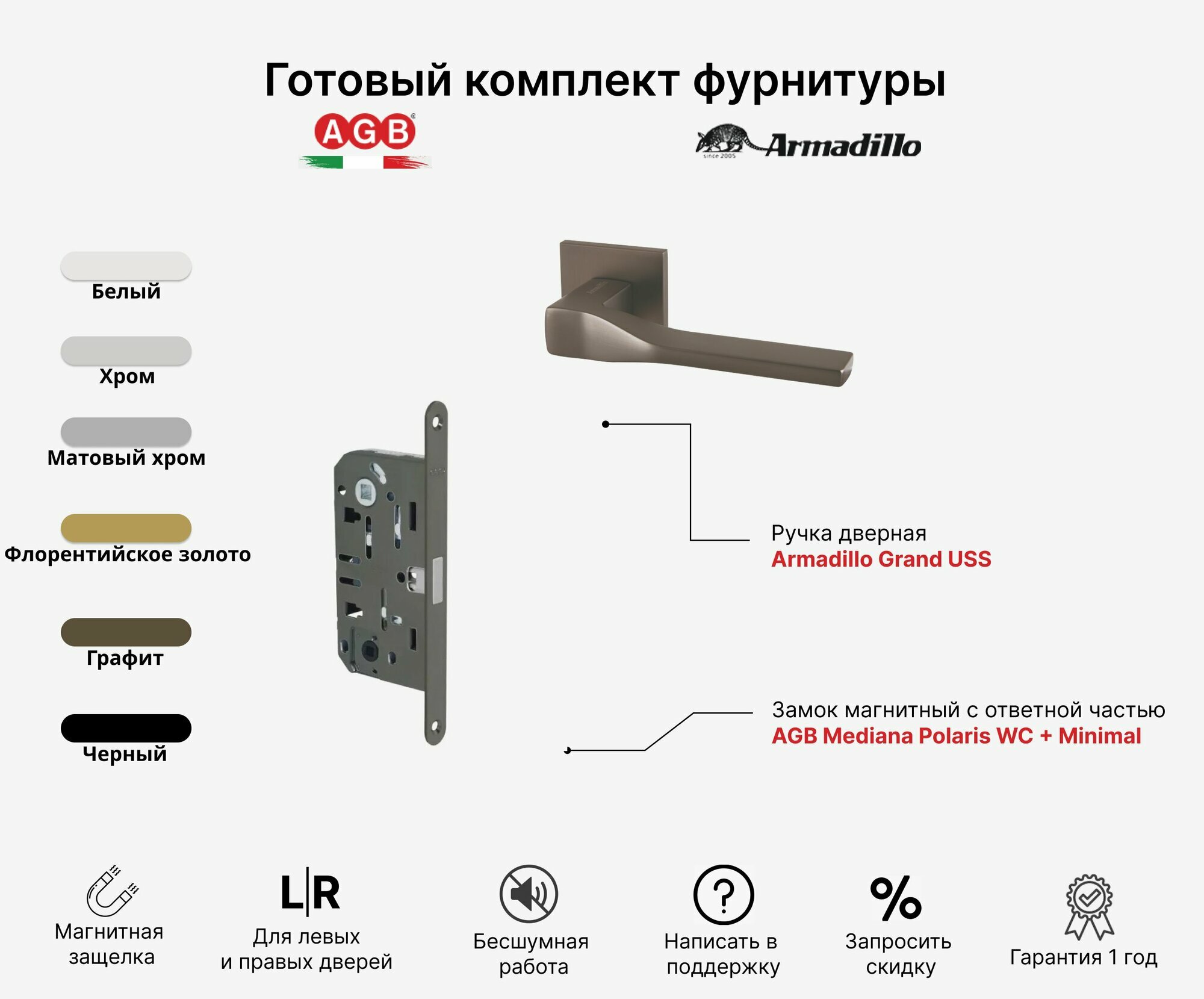 Комплект Ручка дверная Armadillo GRAND USS BPVD-77 + Замок магнитный бесшумный AGB Mediana POLARIS WC, Графит