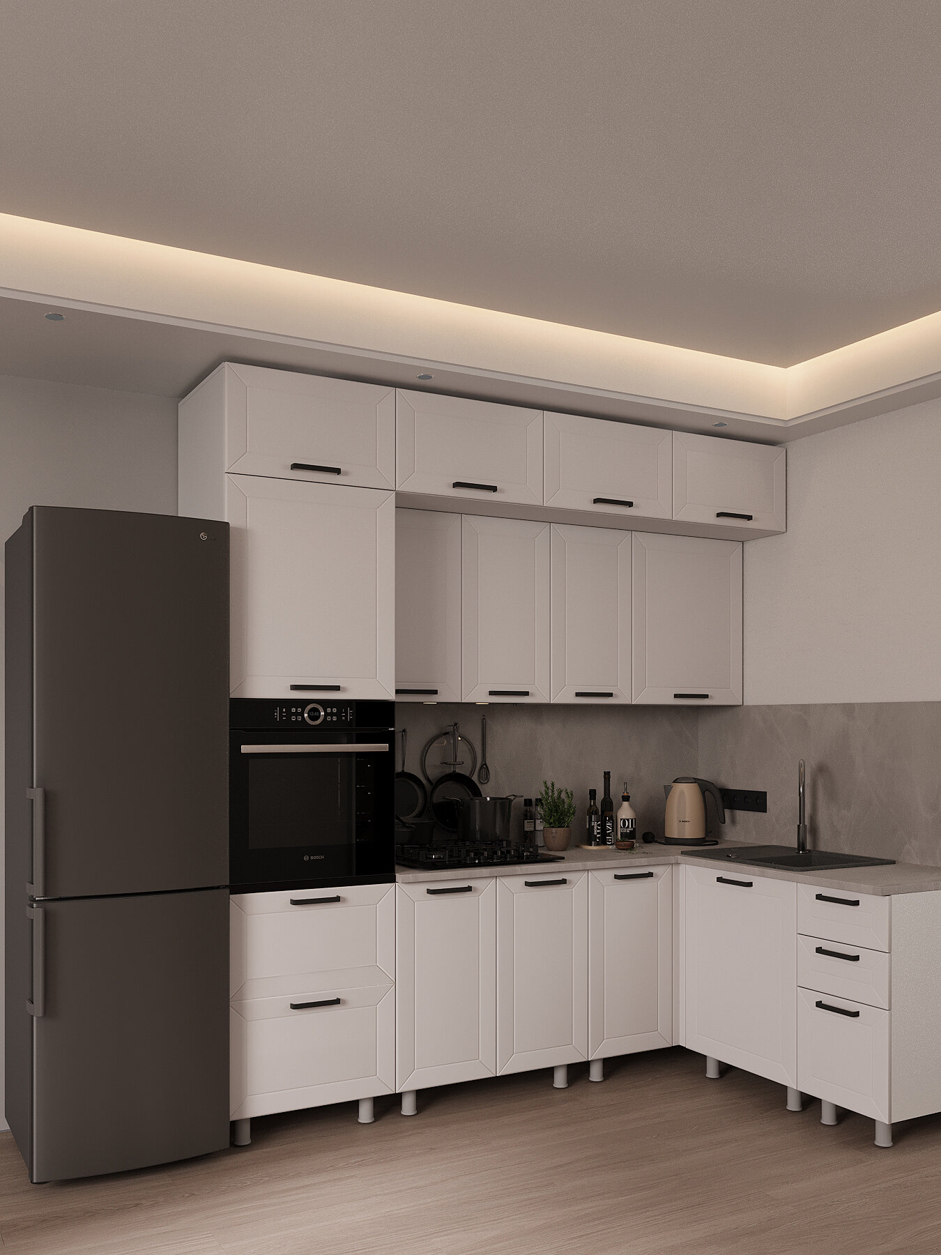 Кухонный гарнитур угловой Сектор МДФ 2,4х1,6м молочный без столешницы с пеналом