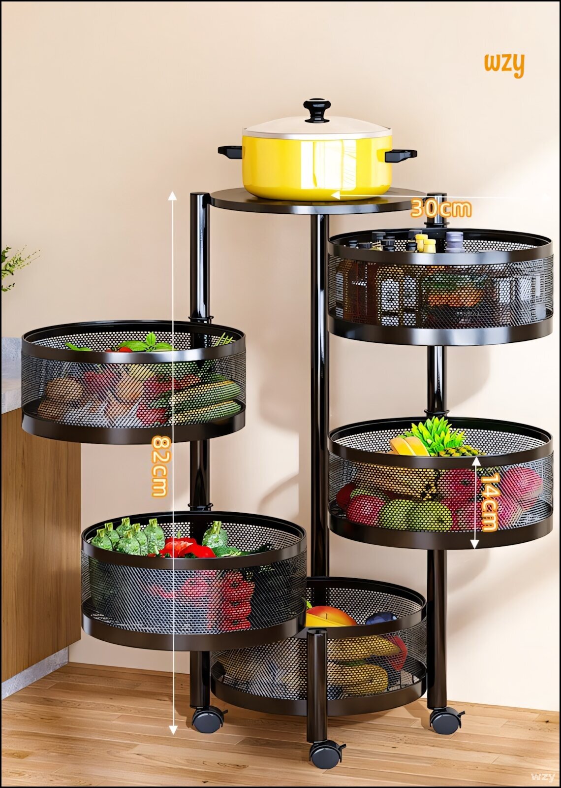 Этажерка круглая, на колесиках, высота 82 см, шестиуровневая, с поворотными полками, черный