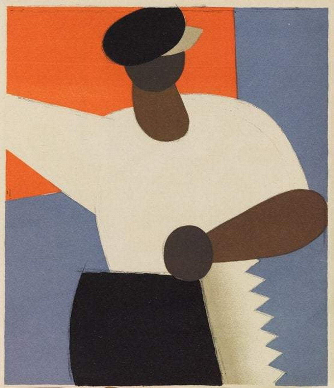 Плакат, постер Рабочий с пилой на бумаге, размер 21х30см