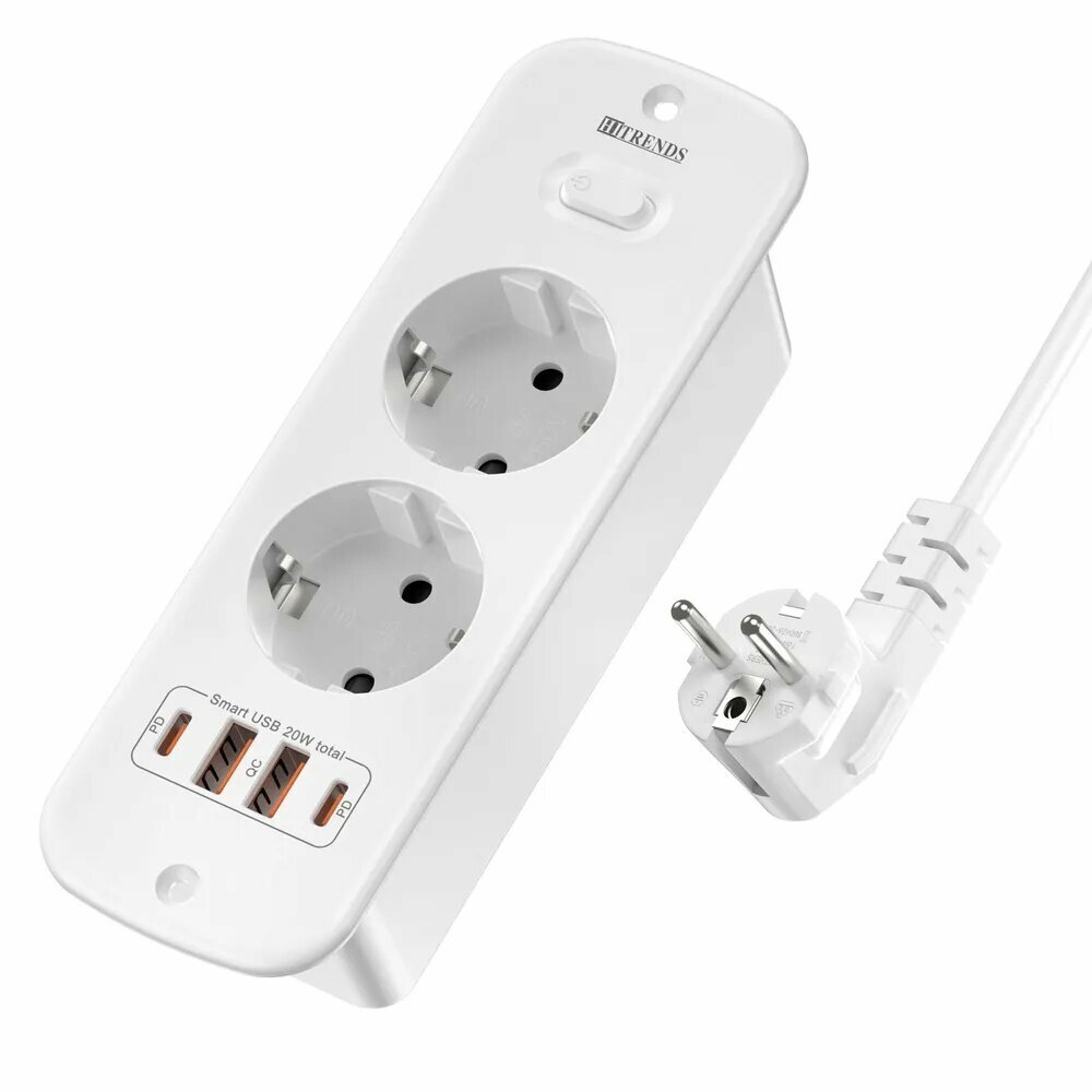 HITRENDS Встраиваемый удлинитель с 3 розетками и 2 USB + 2 Type-C (быстрая зарядка), матовый корпус, индивидуальные выключатели, 3250W 13A 250V, огнестойкий, кабель 2 м