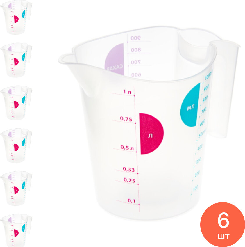 Кувшин М-пластика КН1206 мерный полипропилен прозрачный 1л (комплект из 6 шт)