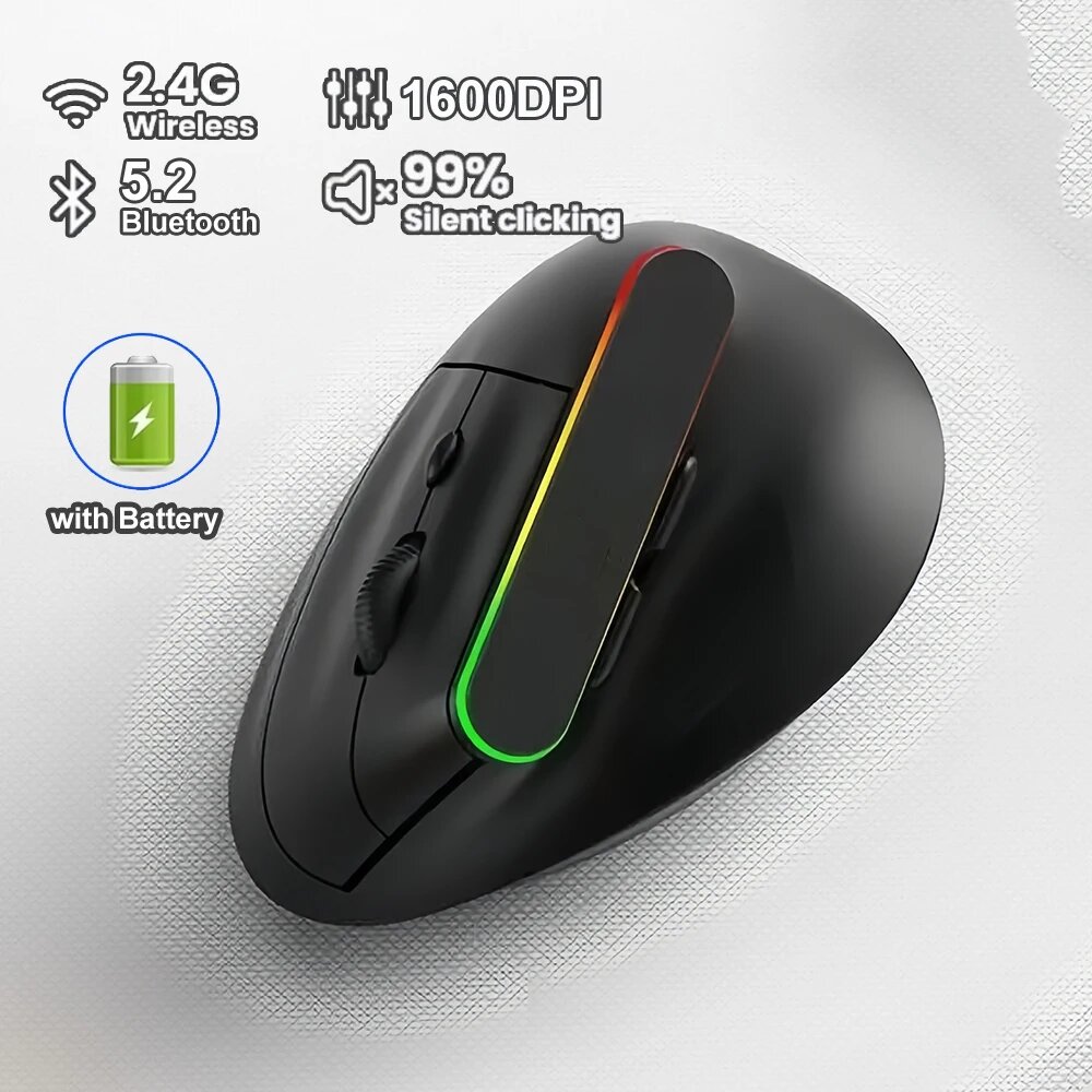 Беспроводная мышь 1600 DPI, 2.4G/5.2 Bluetooth, черная, с батарейкой