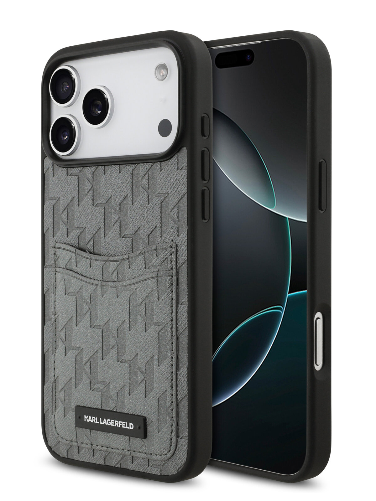 Чехол Karl Lagerfeld на iPhone 17 Pro Max, с картхолдером, из экокожи PU Saffiano, серебристый