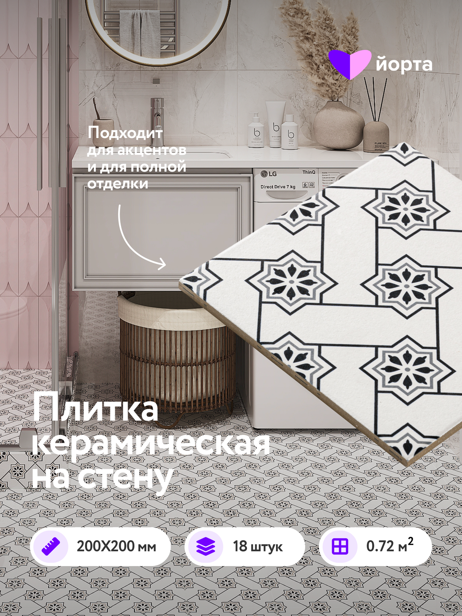 Керамогранит 18 шт матовый 20х20 см мелкоформатная Калота лед матовая Йорта