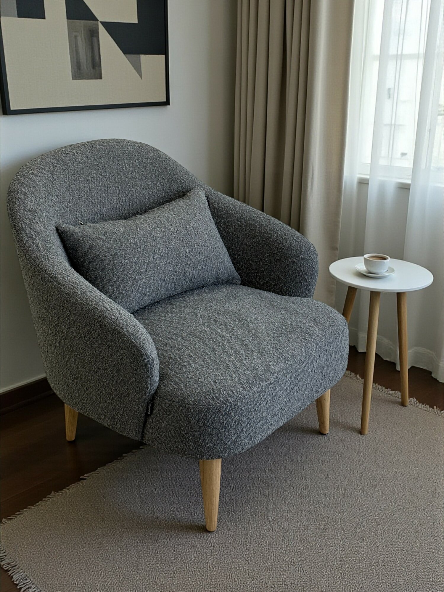 Кресло Унно в ткани букле, серое кресло, мягкое кресло, опоры дуб