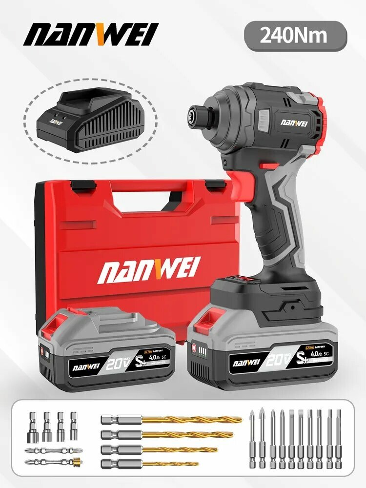NANWEI 240 Нм Ударный шуруповерт с патроном 6,35 мм, 4-ступенчатая регулировка крутящего момента(4,0 Ач батареи x2)