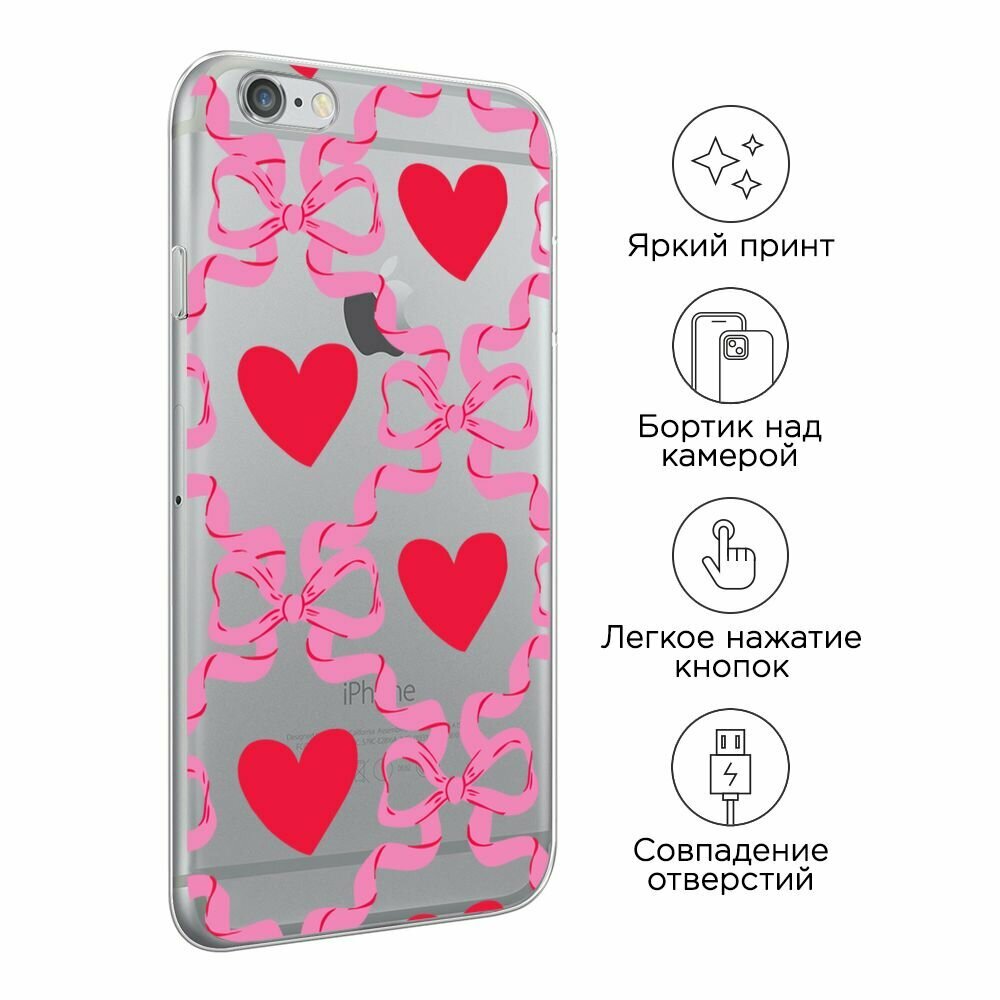 Чехол на Apple iPhone 6 / Айфон 6 с принтом "Hearts and ribbons 2 - 14 февраля", прозрачный — фото 1