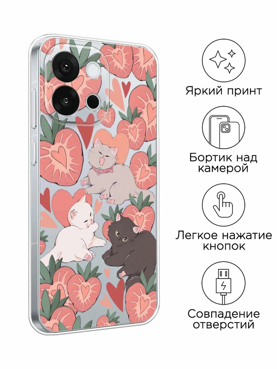 Чехол на OnePlus 13T / Ван Плас 13Т с принтом "Клубничные котики", прозрачный — фото 1