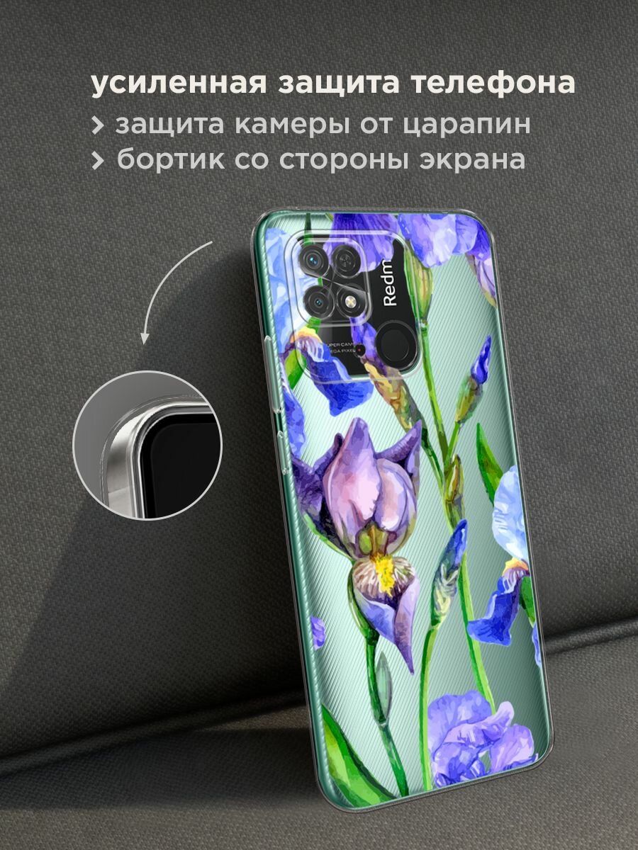 Чехол на Xiaomi Redmi 10C / Сяоми Редми 10C с принтом "Синие ирисы", прозрачный — фото 1