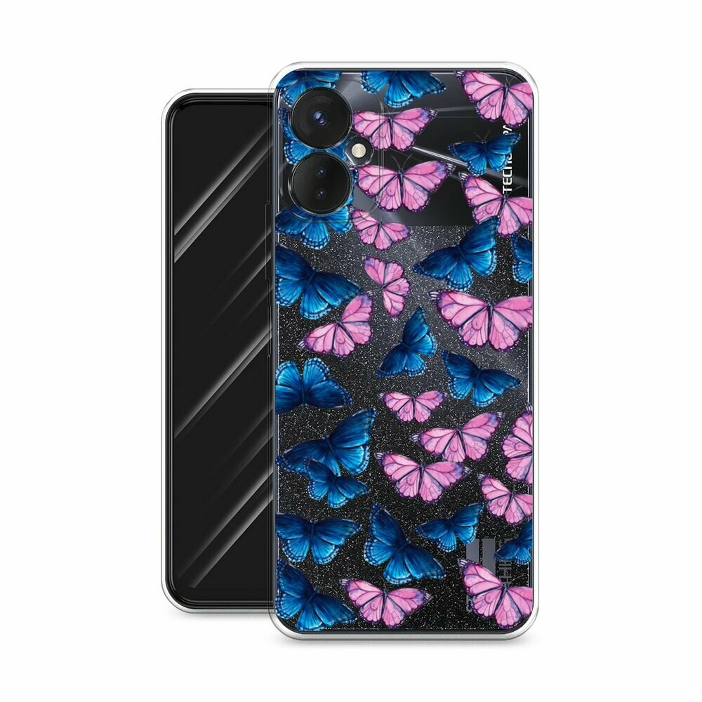 Чехол на Tecno Spark 9 Pro / Техно Спарк 9 Про с принтом Розовые и голубые бабочки, прозрачный — фото 1