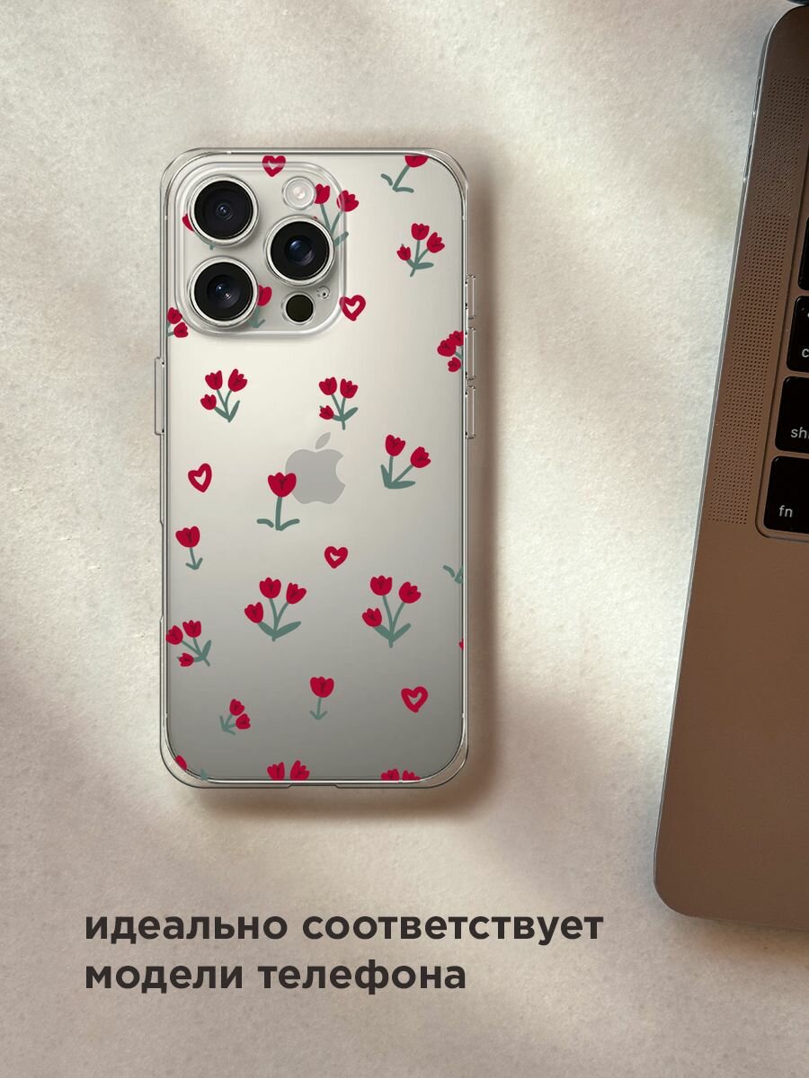 Чехол на Apple iPhone 16 Pro / Айфон 16 Про с принтом "Красные тюльпанчики", прозрачный — фото 1