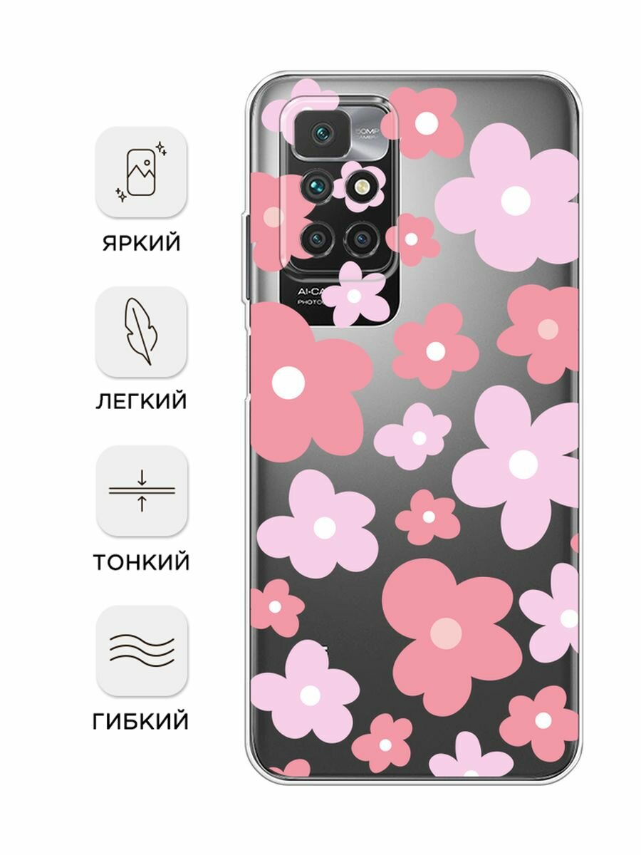 Чехол на Xiaomi Redmi 10 / Сяоми Редми 10 с принтом "Нежные розовые цветочки рисунок", прозрачный — фото 1
