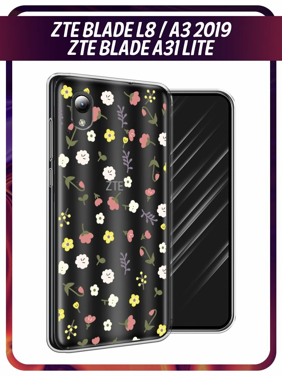 Чехол на ZTE Blade L8/A3 (2019)/A31 lite / ЗТЕ Блэйд L8/A3/A31 Лайт с принтом "Россыпь цветов рисунок", прозрачный