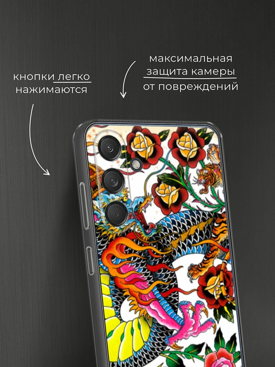 Чехол на Samsung Galaxy M55 / Самсунг M55 с принтом "Дракон в цветах" — фото 1